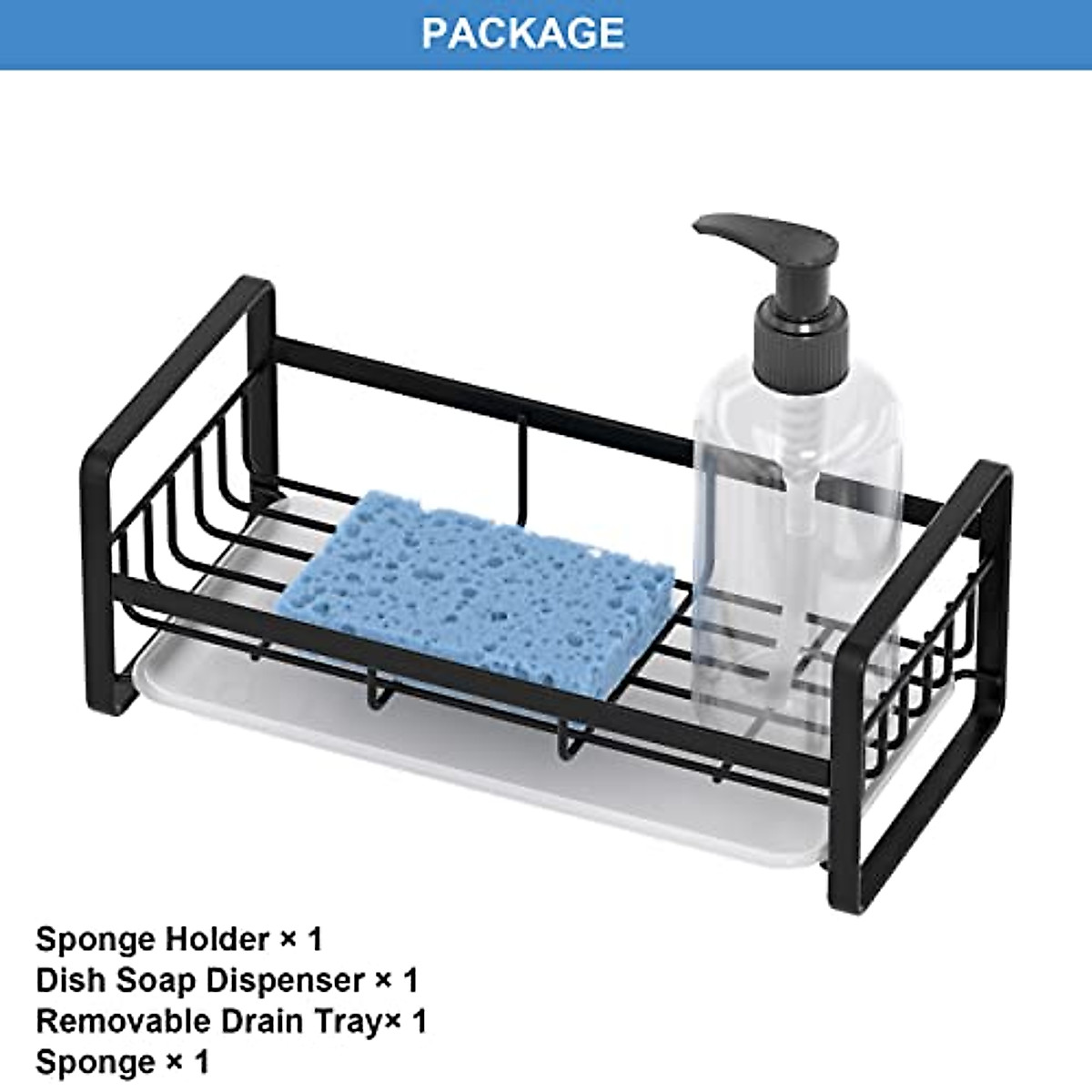VOLCANOES CLUB Kitchen Sink Sponge Holder with Dish Soap Dispenser & Sponge | Stainless Steel Countertop Sponge Rack | Over The Sink Caddy Organizer with Removable Drain Tray - Black/Large