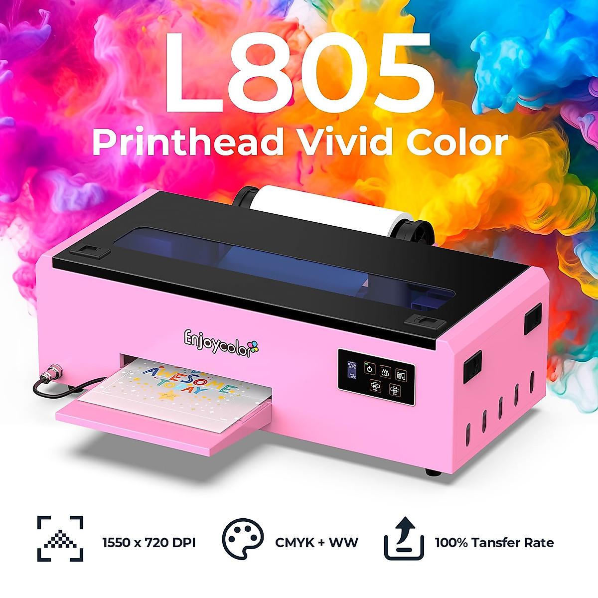 EnjoyColor A4 DTF Printer with Roll Feeder, DTF Transfer Printer Machine for Dark and Light Fabric Printing, Pink