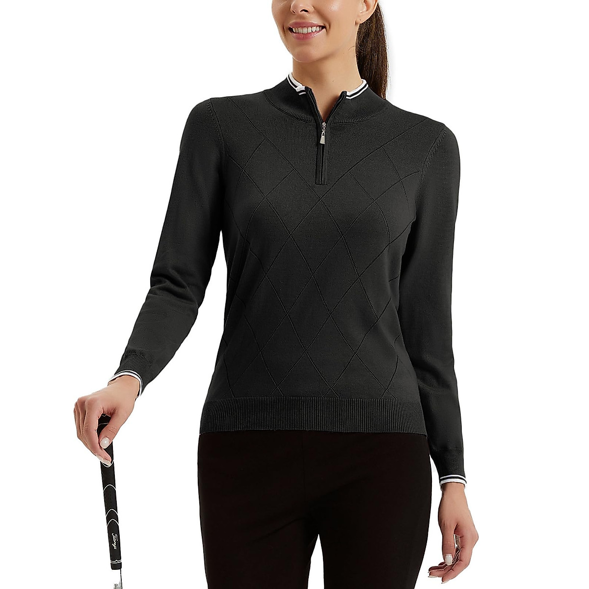 JACK SMITH Black Sweater Women Knit Fall Long Sleeve Argyle Pullover Quarter Zip Ribbed Polo Lightweight V Neck Top L