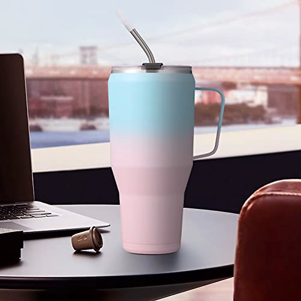 GOBATT 40 oz Tumbler with Handle and Straw Lid，Reusable Stainless Steel Double Vacuum Insulated Travel Mug Iced Coffee cup ，Keep Cold for 24 Hours, pink green