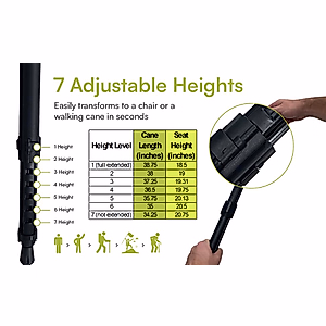 Darza Adjustable Cane with Seat, Walking Stick with Seat, Cane Stool, Lightweight Aluminum and Ergonomic Design, Includes Removable Cushion and Carry Bag with Pocket Storage