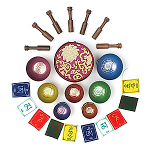 ESK GROUP Tibetan Singing Bowl Set of 7, Chakra Colors Decor Himalayan Singing Bowl w/ engraved Symbols, Handmade, Comes w/ silk cushions, 7 sticks, Flag & Silk Box, ESK-05