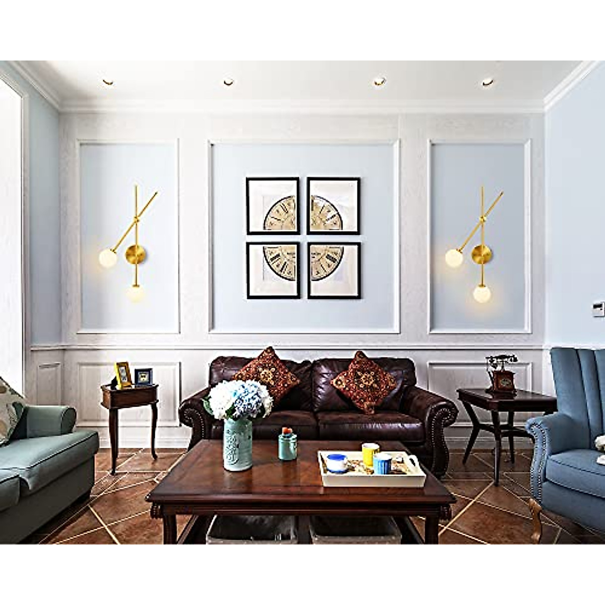 BAODEN Modern 2 Lights Globe Wall Sconce Industrial Wall Lamp with G4 Bulb Mid Century Rotatable Light Fixture Brushed Brass Finished with White Globe Glass Lampshade (Gold Color)