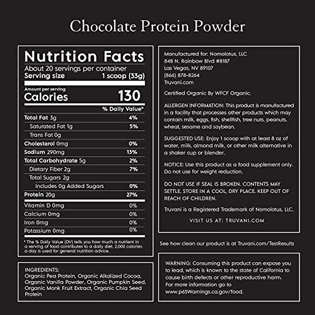 Truvani Organic Vegan Protein Powder Chocolate - 670g of Plant Based Protein, Organic Protein Powder, Pea Protein for Women and Men, Vegan, Non GMO, Gluten Free, Dairy Free