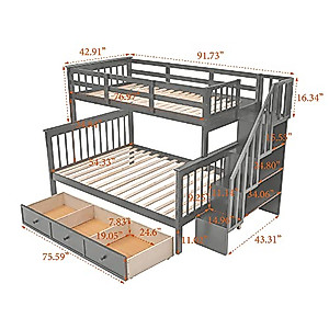 Harper & Bright Designs Twin Over Full Bunk Bed with Storage Drawer, Wood Bunk Beds with Stairway, Storage Shelf and Full-Length Guard Rail, Kids bunk Bed Twin Over Full, No Box Spring Needed (Gray)