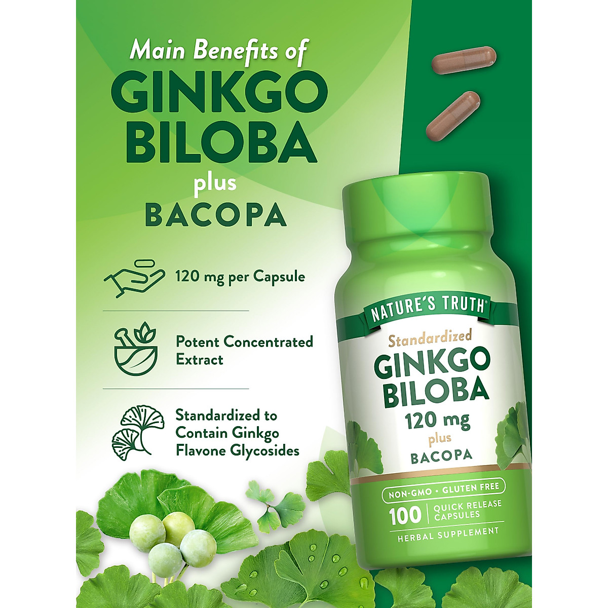 Ginkgo Biloba 120mg | Plus Bacopa | 100 Quick Release Capsules | Standardized Extract | Non-GMO and Gluten Free Supplement | by Nature's Truth