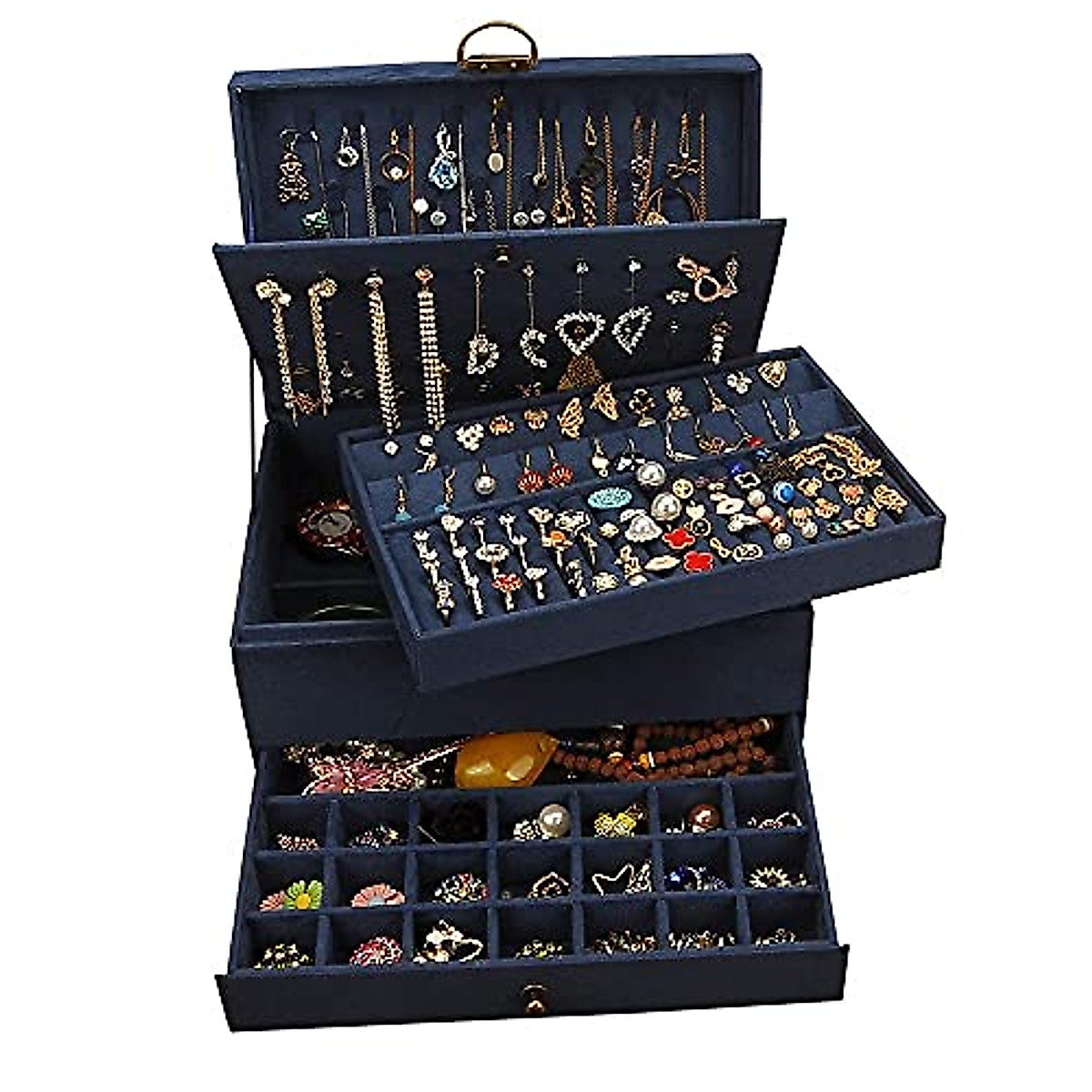 GYJOYERO Jewelry Box Jewelry Earrings Organizer Women Girls 4 Layers with Drawer Necklaces Rings Watches Display Case Storage Lockable GY708 (Navy)