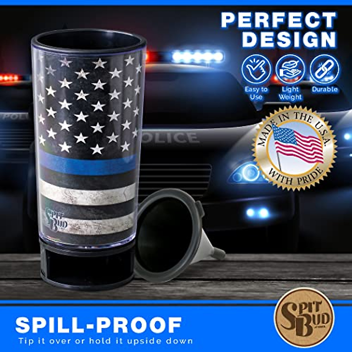 Blue Lives Matter by Spit Bud - The Ultimate Spittoon for Chew - Portable Dip & Snuff Cup with Lid, Pop Tab, Spill-Proof Funnel, Can Cutter & Holder - Fit in Cup Holders - Holds 8oz - Made in USA