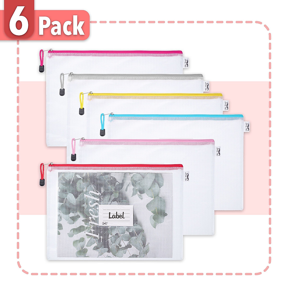 Mr. Pen- Mesh Zipper Pouch, A4, 6 Pack, Zipper Pouch with Label Pocket, Plastic Mesh Zipper Pouch, Large Mesh Zipper Pouch, Mesh Zipper Pouch Large, Zipper Pouch Bags, Board Game Storage