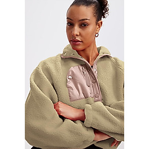 Womens Oversized Sweatshirt Sherpa Sweatshirts Fuzzy Fleece Pullover Fluffy Outerwear with Pockets Camel S