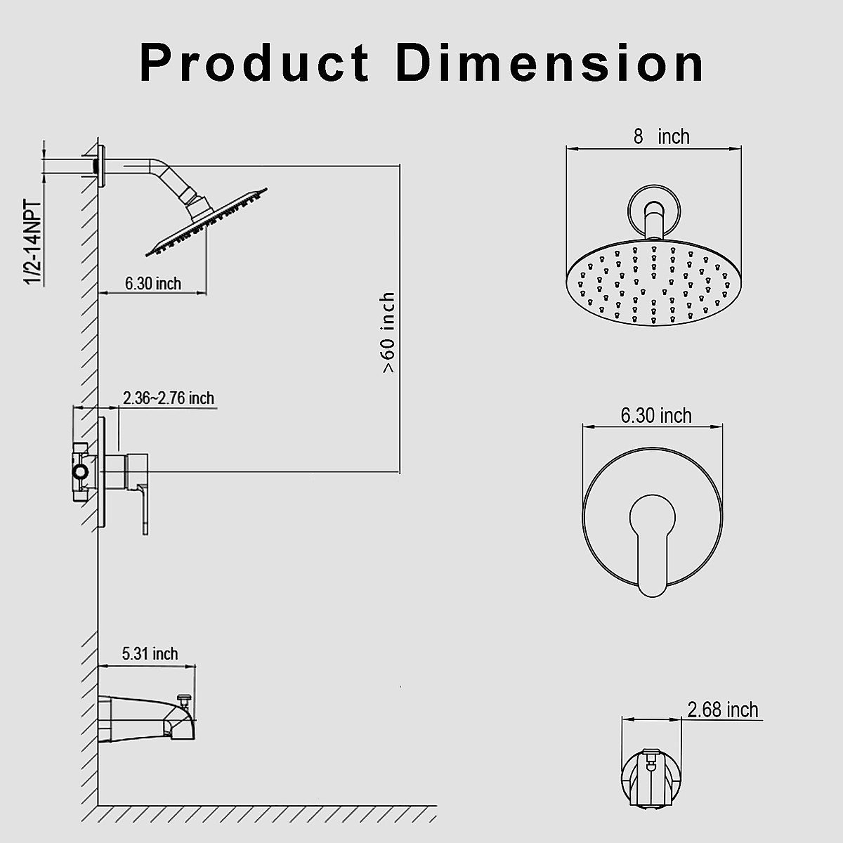 HoliSpa Tub Shower Faucet, Chrome Tub Shower Faucet Set with 8-Inch Rainfall Shower Head and Tub Spout, Shower Tub Faucet Set Complete (Included Shower Valve), Tub Shower Trim Kit, Polished Chrome