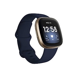 Fitbit Versa 3 Health & Fitness Smartwatch with GPS, 24/7 Heart Rate, Alexa Built-in, 6+ Days Battery, Midnight Blue/Gold, One Size (S & L Bands Included) (Renewed)