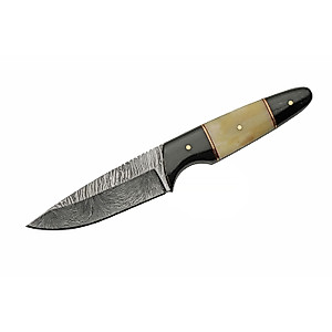 Szco Supplies 7.5" Horn and Bone Handle Damascus Outdoor Hunting Knife with Sheath