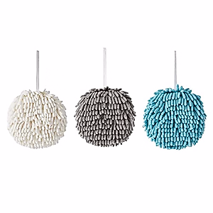 3Pcs Chenille Hand Towels Soft Absorbent Microfiber Hanging Hand Ball Drying Towels Wipe Hand Towel Fast Drying Cleaning Cloth for Kitchen Bathroom White Grey Blue