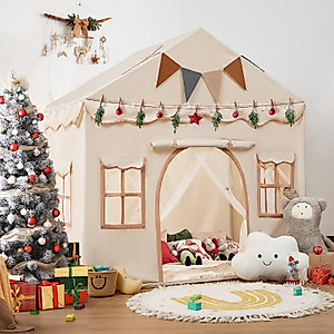 besrey Kids Tent, Kids Playhouse 2 in 1 with Padded Mat and Lights, Large Play Tent with 2 Doors & 4 Windows, Kids Play Tent Indoor & Outdoor, Christmas Toddler Tent for Kids, 51" x35" x 51"