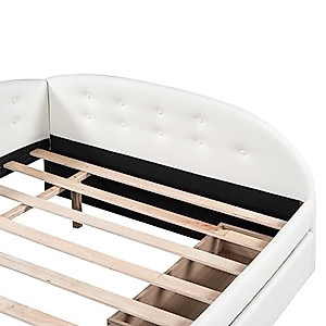 Full Size Upholstered Daybed with 2 Drawers and Cloud Shaped Guardrail, PU Upholstered Tufted Platform Bed with Wooden Slat Support for Bedroom Living Room, Easy Assembly (White + Upholstered-V23)