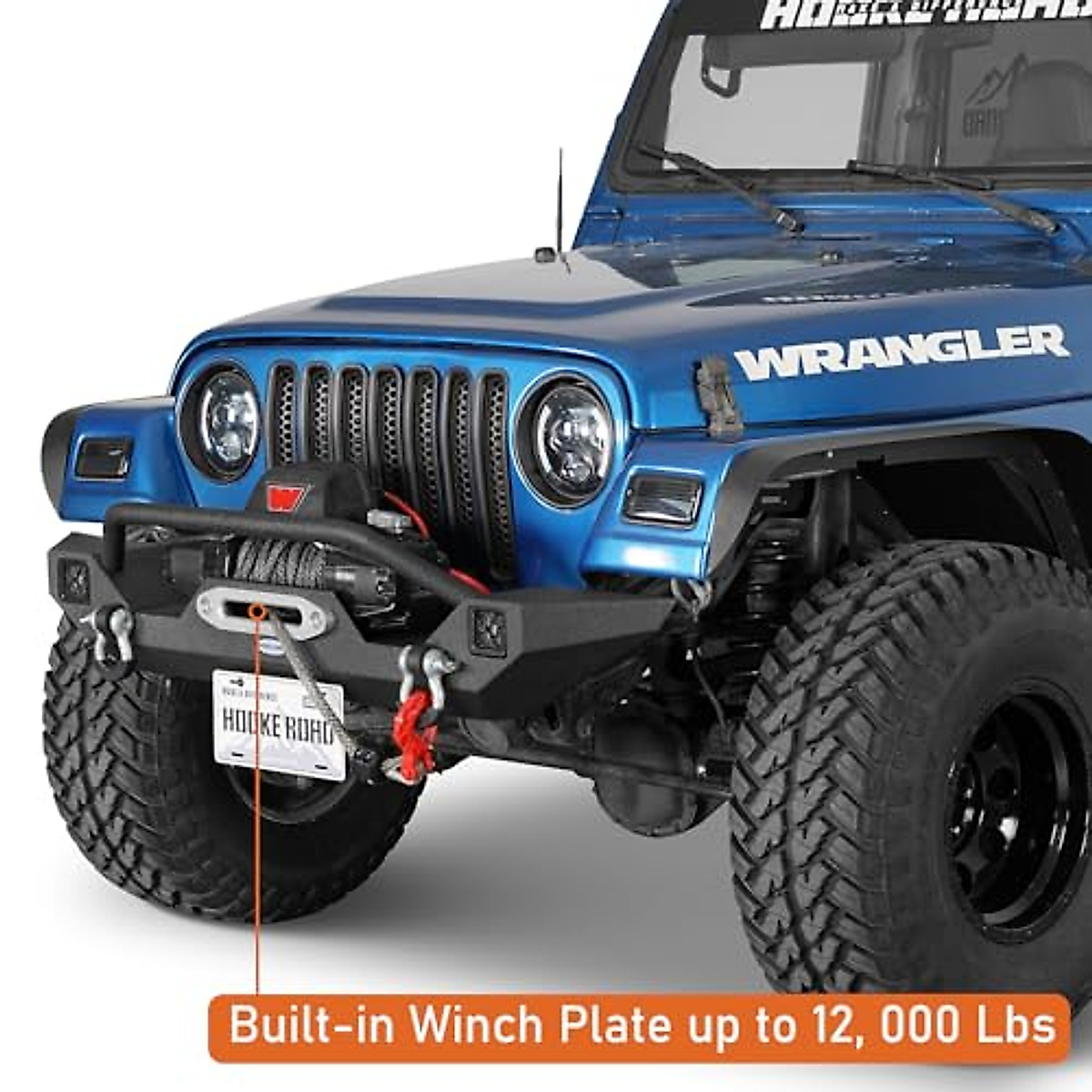 Hooke Road Wrangler TJ Rear Bumper with Tire Carrier + Front Bumpers Combo Compatible with Jeep Wrangler TJ 1997-2006