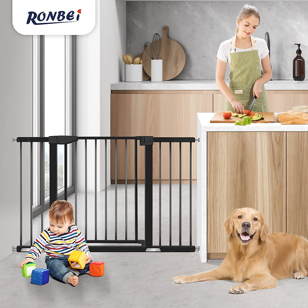 Baby Gates for Doorways, RONBEI 29.93"-51.5" Walk Through Baby Gate Extra Wide Baby Gates for Stairs, Pet Dog Gates Auto Close Safety Child Doorway Gates for Kids or Pets