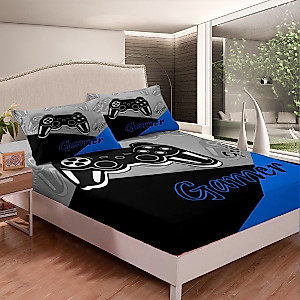 Feelyou Kids Gamer Bed Sheets Set Boys and Girls Gaming Bedding Set Video Game Controller Fitted Sheets 4Pcs Sheets Includes 1 Sheet & 1 Flat Sheet with 2 Pillowcases Blue Black (King)