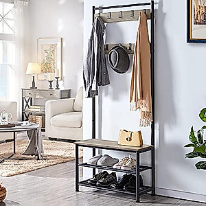 Yaheetech 3-in-1 Hall Tree Coat Rack with Shoe Storage Bench, Entryway Coat Rack Shoe Bench with 9 Movable Hooks, Industrial Accent Furniture with Metal Frame, Easy Assembly, Gray