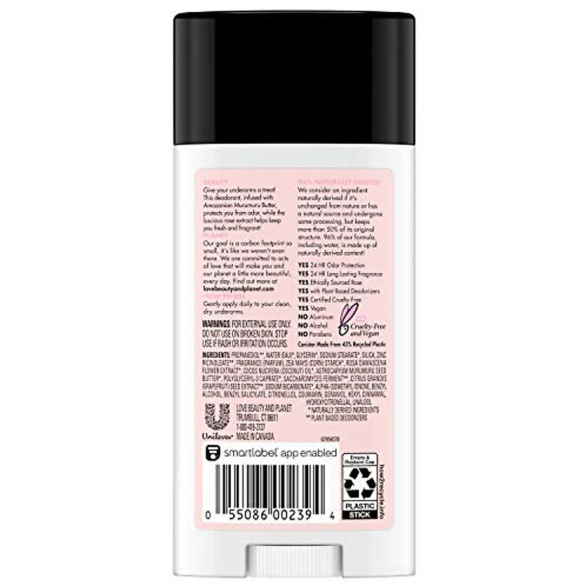 Love Beauty And Planet Deodorant, Murumuru Butter and Rose, 2.95 Oz