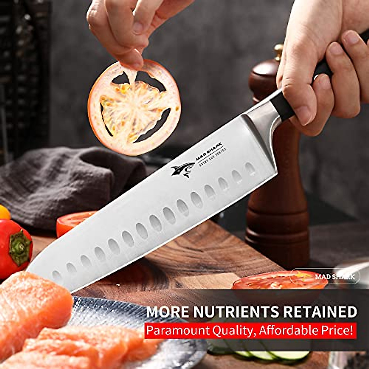 MAD SHARK Kitchen Knife, Chef's Santoku Knife 8 Inch, German High Carbon Stainless Steel Chef Knife, Super Sharp Multipurpose Chopping Knife for Meat Vegetable Fruit with Ergonomic Handle & Gift Box