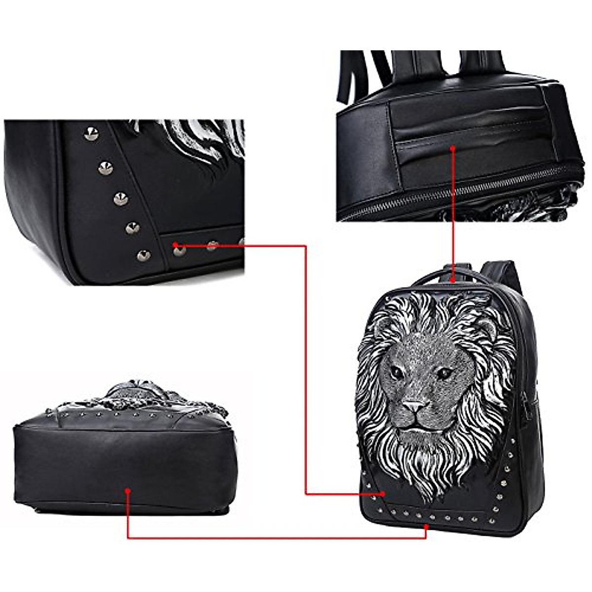 3D Animal Head Backpack, Studded PU Leather Cool Laptop Backpack College Bookbag (Lion-Gold) One Size