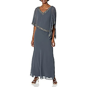 J Kara Women's Plus Size Embellished Overlay Gown, Grey Multi, 18W