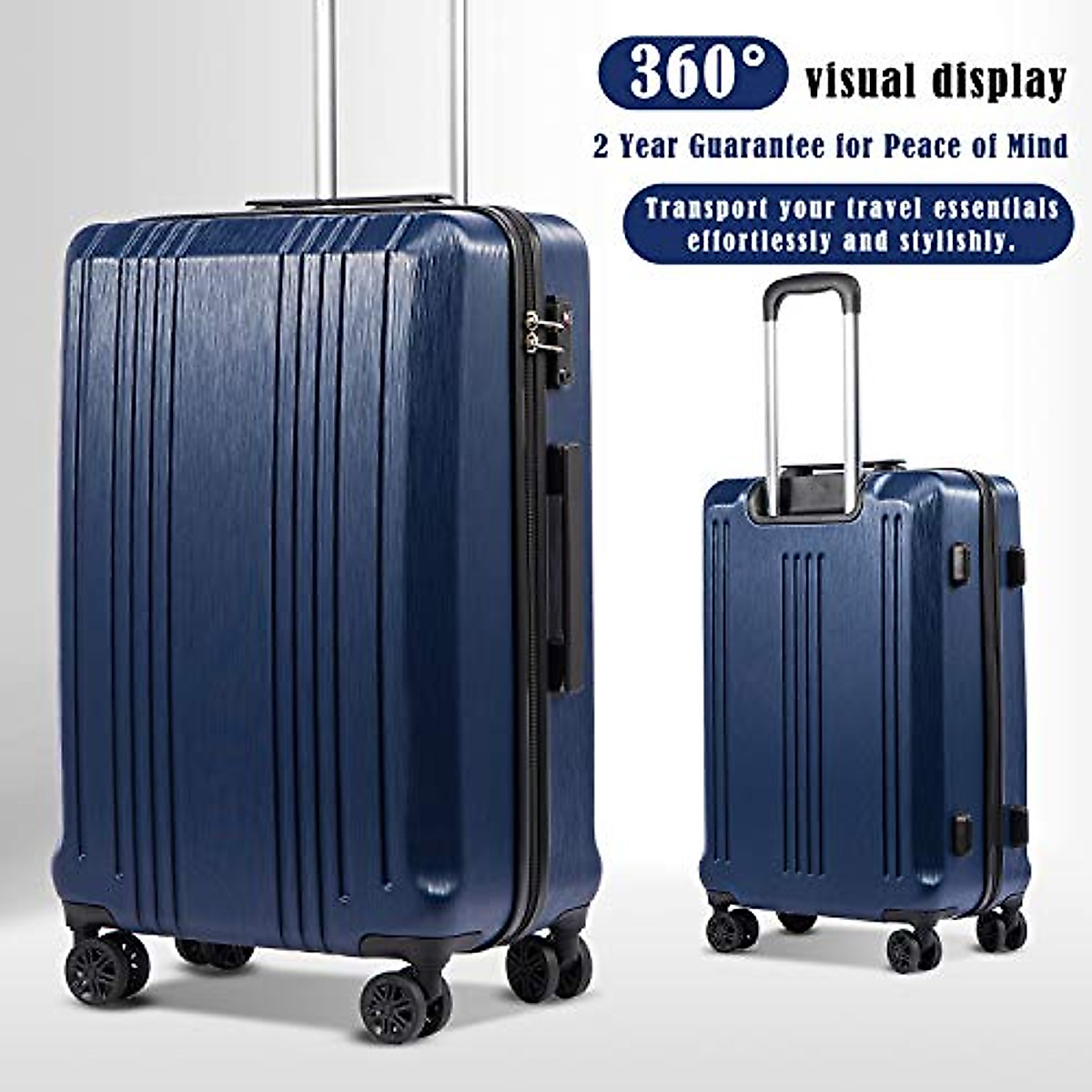 Coolife Luggage Expandable(only 28") Suitcase PC+ABS with TSA Lock Spinner 20in 24in 28in (navy, S(20in_carry on))