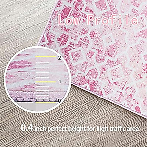 Moroccan Area Rug,2'X 4.3' Washable Pink Runner Rug Distressed Accent Rug Non-Slip Bath Mat Soft Faux Wool Floor Carpet for Kitchen Bedroom Bathroom Living Room