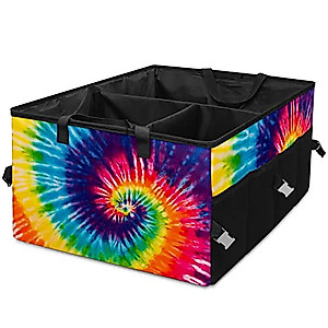 GACTIVITY Colorful Tie Dye Car Trunk Organizer,Collapsible Cargo Storage Tote Bag,Non Slip,3 Divider Compartments, Automotive Interior Accessories for Auto SUV Truck Vehicle Picnic Camping