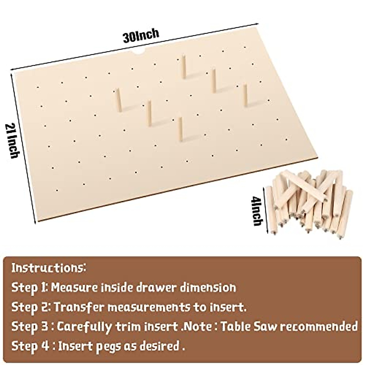 30 x 21 Inch Wood Drawer Peg Board with 20 Pegs Adjustable Deep Drawer Peg Board System Wood Drawer Organizer for Home Kitchen Shelf Cupboard Storage Food Containers Cookware Serveware Utensils
