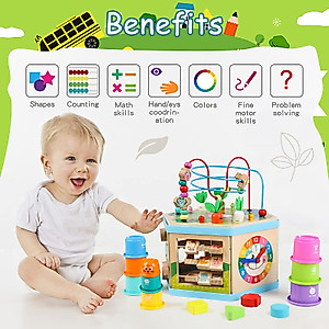 Vomocent Wooden Activity Cube for 1 Year Old Kids, Educational Learning Bead Maze for Toddler Age 1-3, Developmental Montessori Toys for 12-36 Months Boys Girls Gift