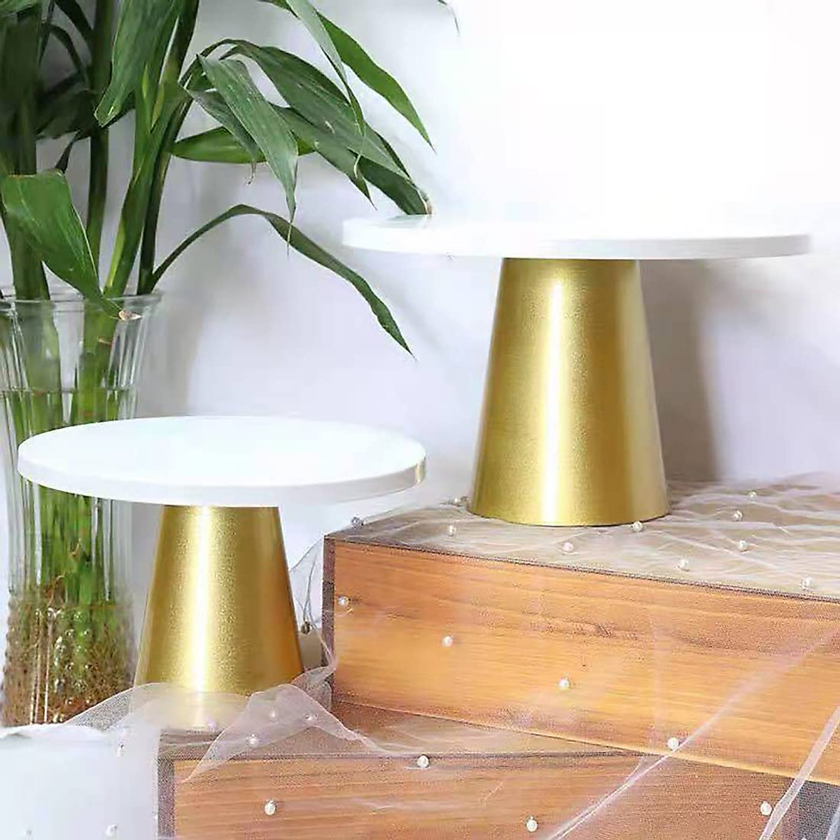 2pcs Modern Metal White-Gold Cake Stands Plate Set, Dessert and Cupcake Serving Display for Weddings, Parties, or Modern Home Decor