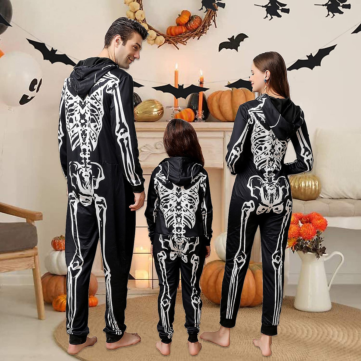 ANGELGGH Family Matching Halloween Onesie Pajamas, Funny Skeleton Printed Hooded Zippered PJs Holiday Loungewear for Men/Women (Youth, 6-8T, Skull)