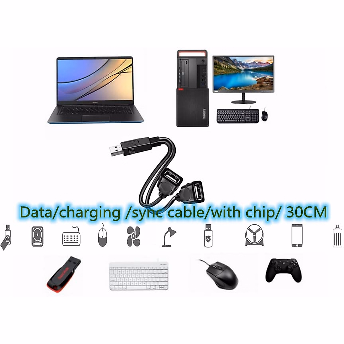 Vrllinking USB Splitter Adapter, USB Male to Dual USB Female Cable, Data Charger Double USB Port Extender, Y Splitter Hub Power Cord Extension