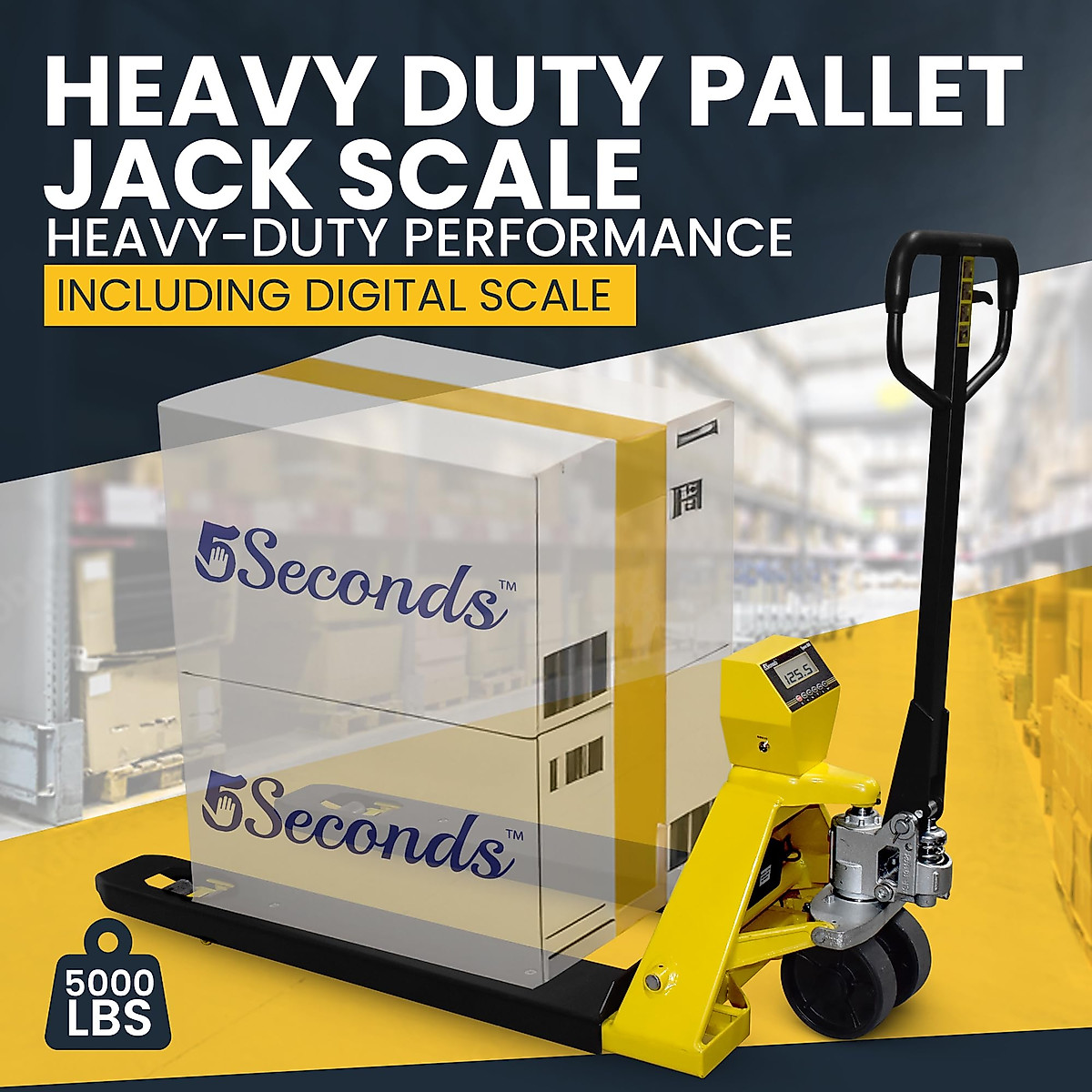 5Seconds - Steel Pallet Jack with Scale, Battery-Powered Hand Lift Jack Tool with LED Display, Safe Moving Equipment for Industrial & Commercial Use, 48" L x 27" W x 47”H, 5000lb Capacity
