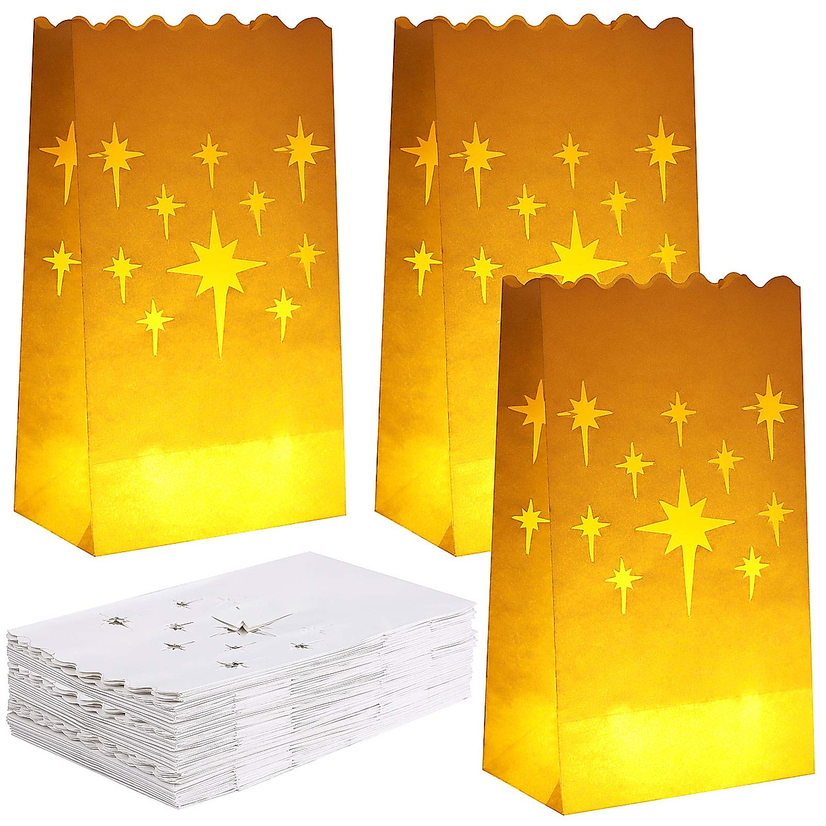 Aneco 48 Pieces Stars Design Luminary Bags White Paper Lantern Bags Flame Resistant Candle Bags Tealight Holders Luminary Bags for Christmas, Wedding, Reception, Party Decoration