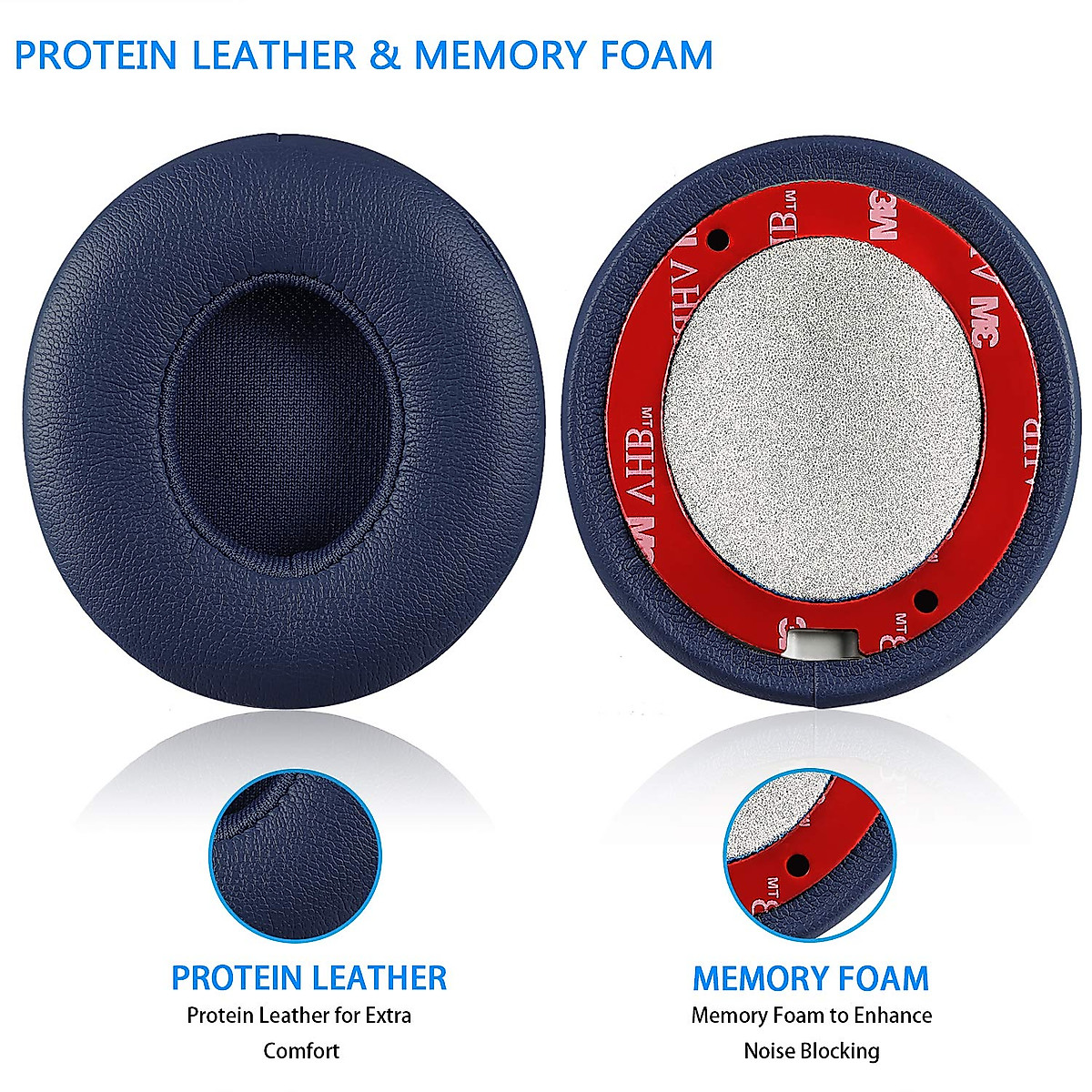 Solo 2/3 Wireless Earpads - JECOBB Replacement Ear Cushion Pads with Protein Leather and Memory Foam for Beats Solo 2.0/3.0 Wireless On Ear Headphones ONLY (Navy Blue)