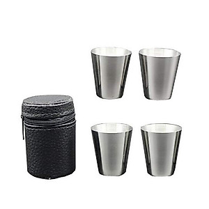 lasenersm 4 Pieces 30ml (1oz) Stainless Steel Shot Cups Shot Glass Drinking Vessel with One Black PU-Leather Carrying Case Outdoor Camping Travel Coffee Tea Cup, Silver Cup, Black Case