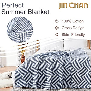 jinchan Boho 100% Cotton Blanket Muslin Lightweight Twin Size Quilted Throw Blanket for Couch Soft Cozy All Season Blanket 3-Layer Geometric Cotton Blanket for Bedroom Decor Blue 60”x80“