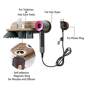 Wood Wall Mount Hair Dryer Holder for Dyson Supersonic, Walnut Bathroom Rack Magnetic Wall Bracket for Dyson Hair Dryer Power Plug, Diffuser and Nozzles Storage Organizer