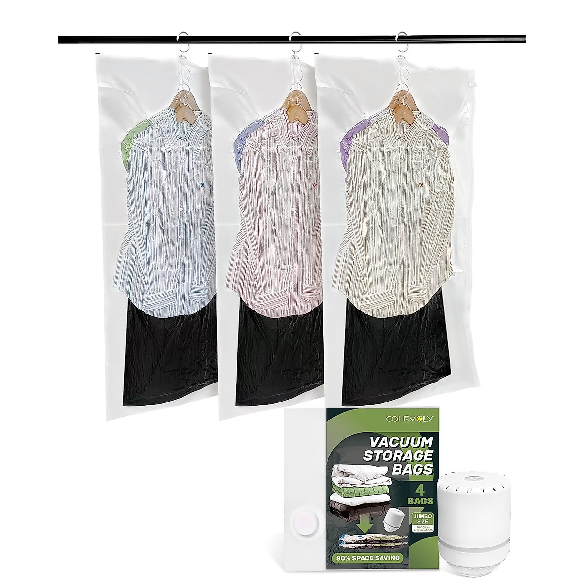 Colemoly Hanging Vacuum Storage Bags Space Saver Bags 4 Pack with 1 Electric Air Pump (49x27.6 Inches) Vacuum Seal Bags for Clothing Vacuum Bags for Travel Moving Supplies