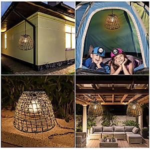 Outdoor Solar Hanging Lantern, Natural Seeweed Rattan Bamboo Woven Porch Patio Gazebo Pendent Chandelier Light Decorative Solar Powered Hanging Lamp for Front Door Garden