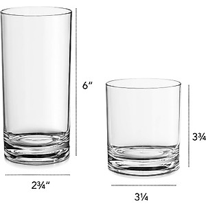 Acrylic Drinking Glasses [Set of 18] Glassware Set Includes 6-17oz Highball Glasses, 6-13oz Rocks Glasses, 6-7 oz Juice Glasses| Heavy Base Glass Cups for Water, Juice, Beer, Wine, and Cocktails…