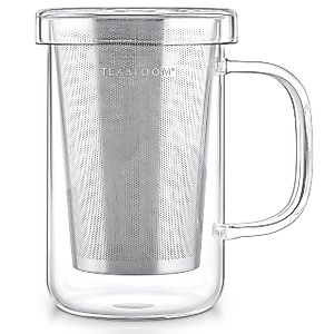 Teabloom Premium Borosilicate Glass Mug with Stainless Steel Loose Leaf Tea Infuser and Lid/Dish - 12 Ounces (350 mL)