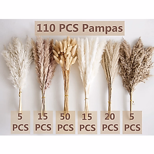 110 PCS Dried Pampas Grass Bouquet, Boho Table Decor, Bunny Tails Dried Flowers, Brown Pompas, White Pampas Grass for Wedding, Home, Rustic Party, Baby Shower Decorations