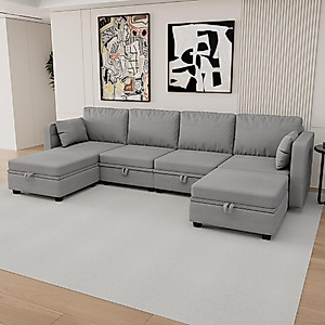 WILLIAMSPACE 110" Sectional Sofa Couch for Living Room, Modern Modular U-Shape Sofa with Storage Seats & Reversible Chaise & Adjustable Armrest, 6 Seat Convertible Sofa for Home Office (Grey)