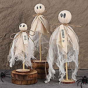 AMDBHC Halloween Decorations Indoor - 3 Set of Primitive Halloween Ghosts on Wooden Stand Spooky Halloween Ghosts Decor for Table Centerpieces Tiered Trays Shelves Mantels Home Halloween Décor