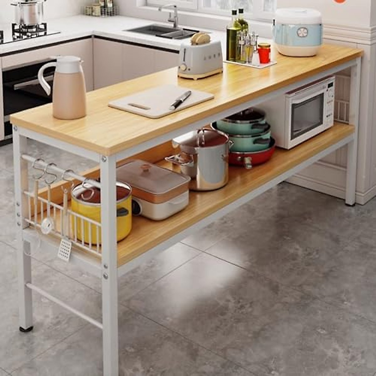 Multifunctional Workbench Kitchen Shelf Home Prep Table Chopping Table Metal Frame Sturdy and Stable Double Deck Workbench Large Storage
